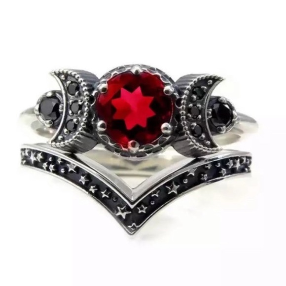 Jewelry | 2pc Ring Red Ruby Triple Moon Goddess Hecate Mother Witch ...